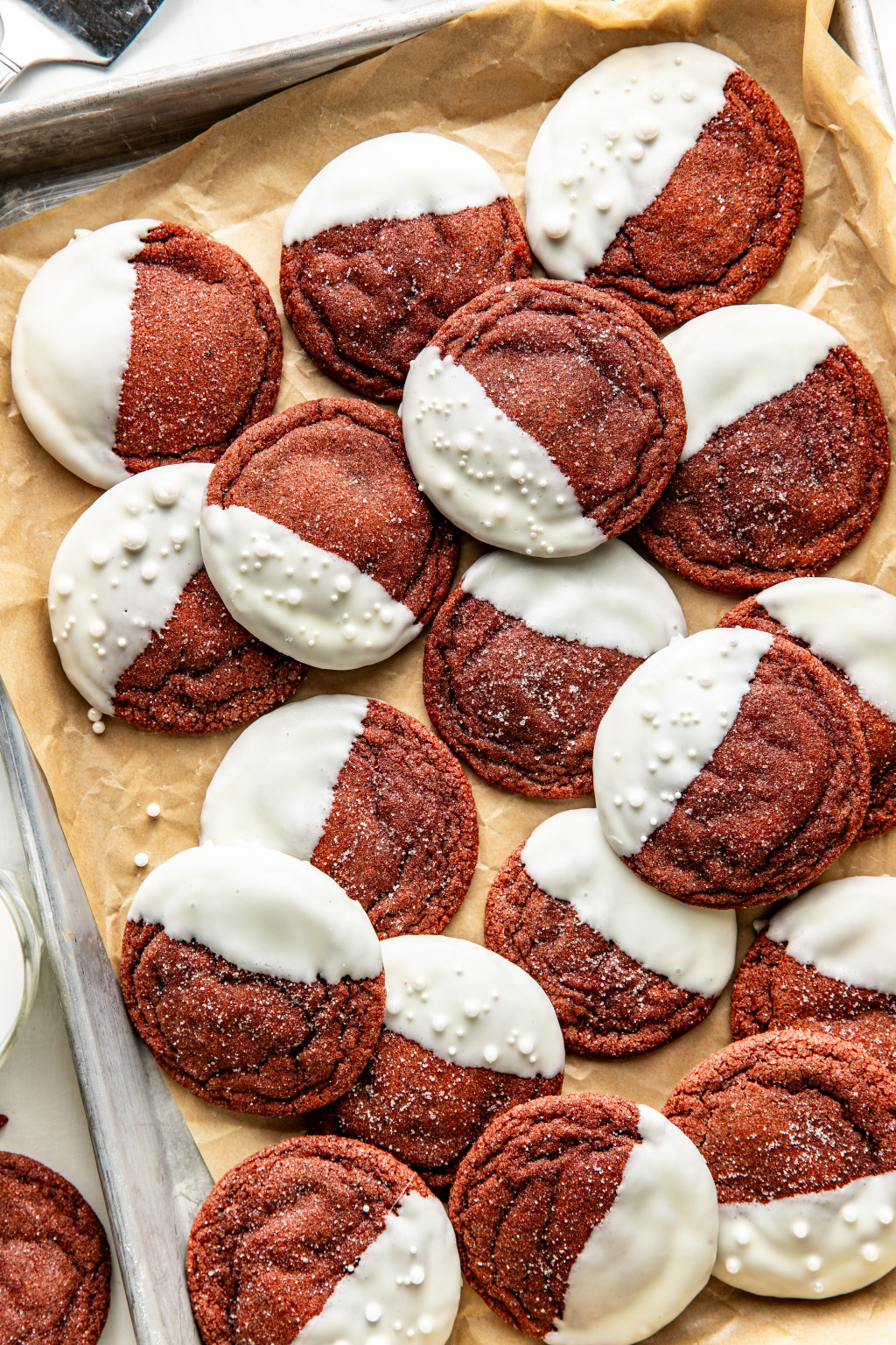 White Chocolate Dipped Red Velvet Cookies