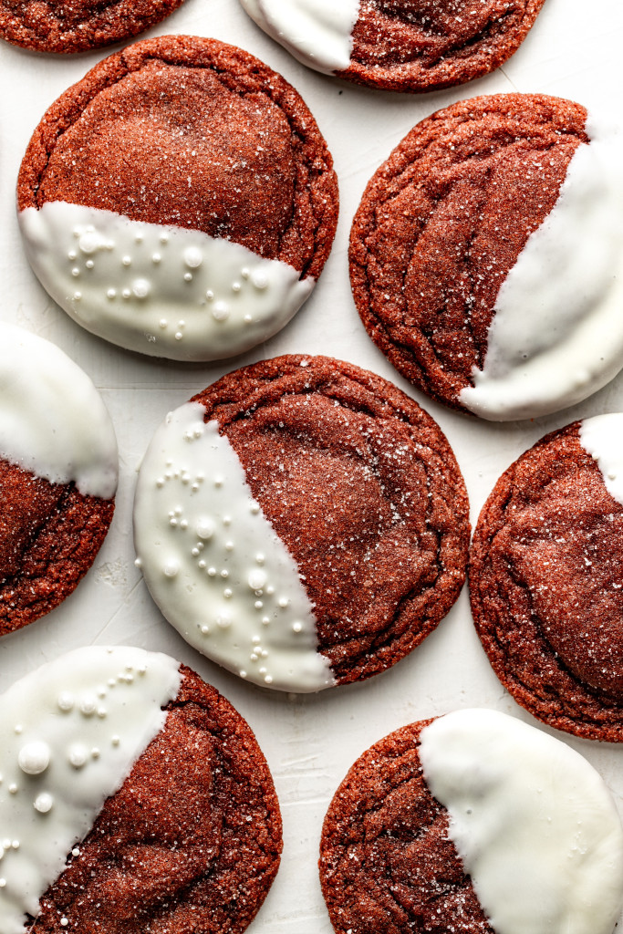 White Chocolate Dipped Red Velvet Cookies