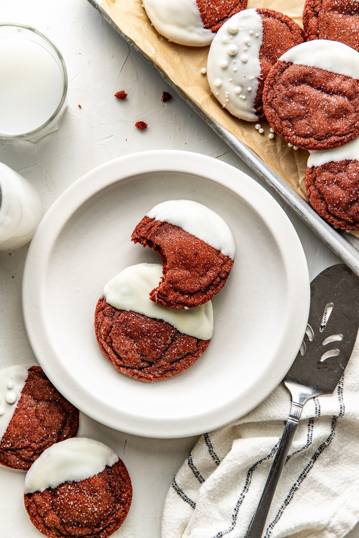 White Chocolate Dipped Red Velvet Cookies